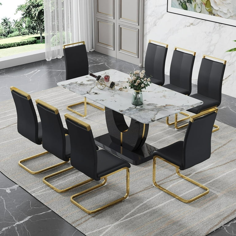 Sumdeal 67 Modern Black Faux Marble 9 Piece Dining Room Table Set for 8 with PU Leather Upholstered Chairs Set of 8 Walmart