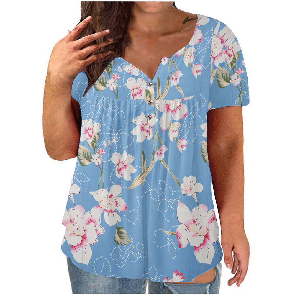 Umfun Umfun Women Casual Plus Size V Neck Flowers Print Button Short