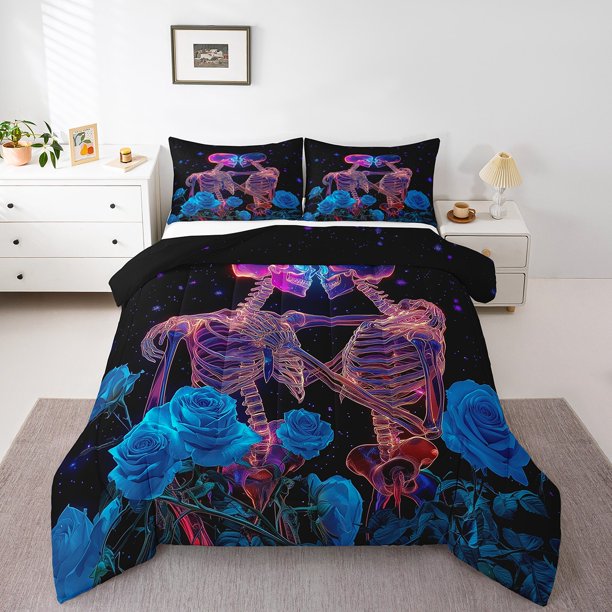 Skull Comforter Set Gothic Skeleton Bone Bedding Set,Extoic Blue Rose ...