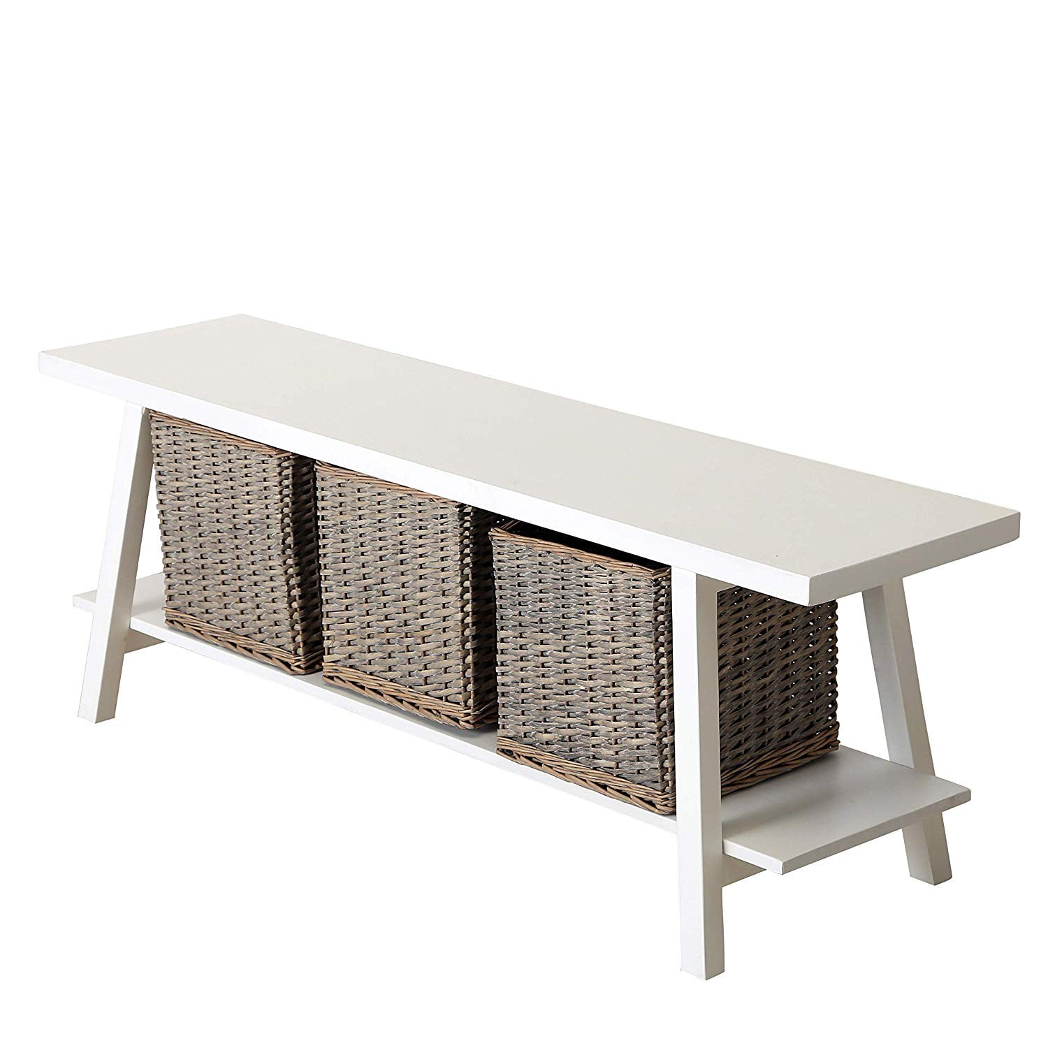 Hamptons Bench, A-Frame Coastal Style, White with 3 Brown Willow Wicker ...