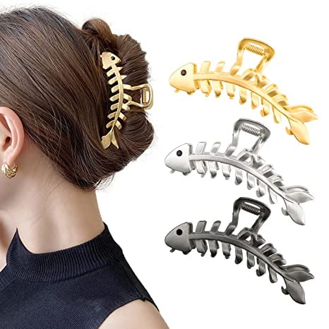 3 PACK Large Metal Hair Claw Clips Fish Bone Shape Hairpin Fish Tail ...