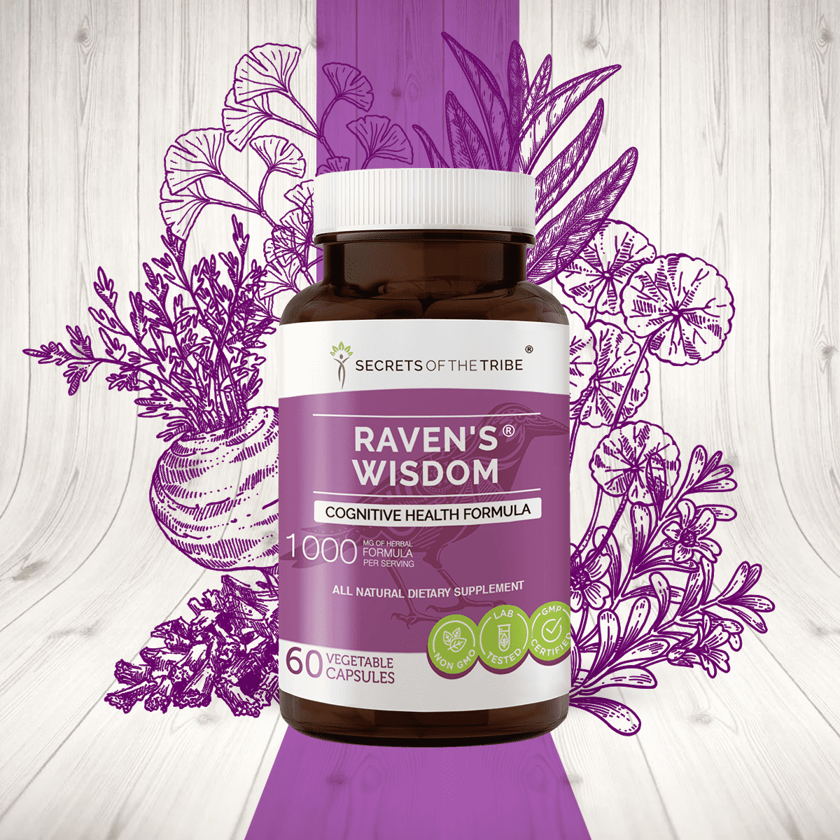 Raven's Wisdom 60 Capsules, 500 mg, Ginkgo, Gotu Kola, Sage, Rhodiola ...