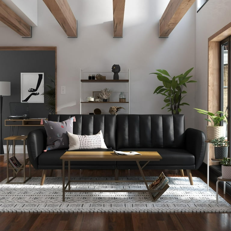 Novogratz Brittany Tufted Split Back Couch Modern Mid Century Sleeper Sofa Bed with Arms Black Faux Leather Walmart