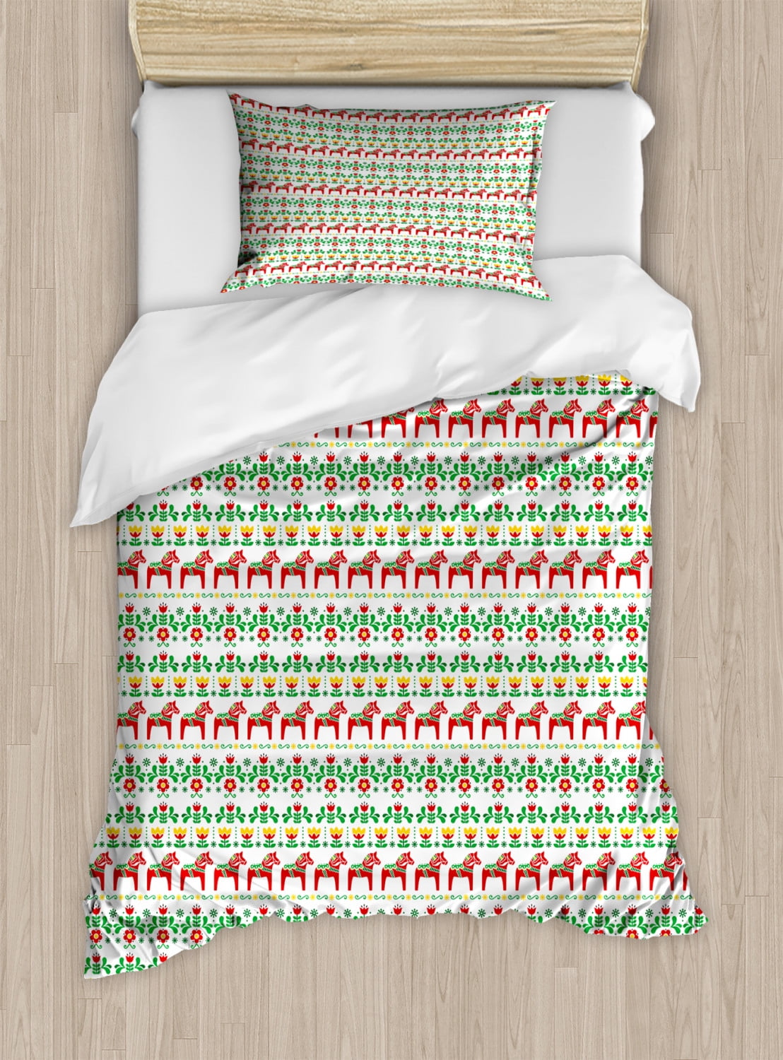Folk Art Duvet Cover Set Twin Size, Scandinavian Themed Pattern of ...