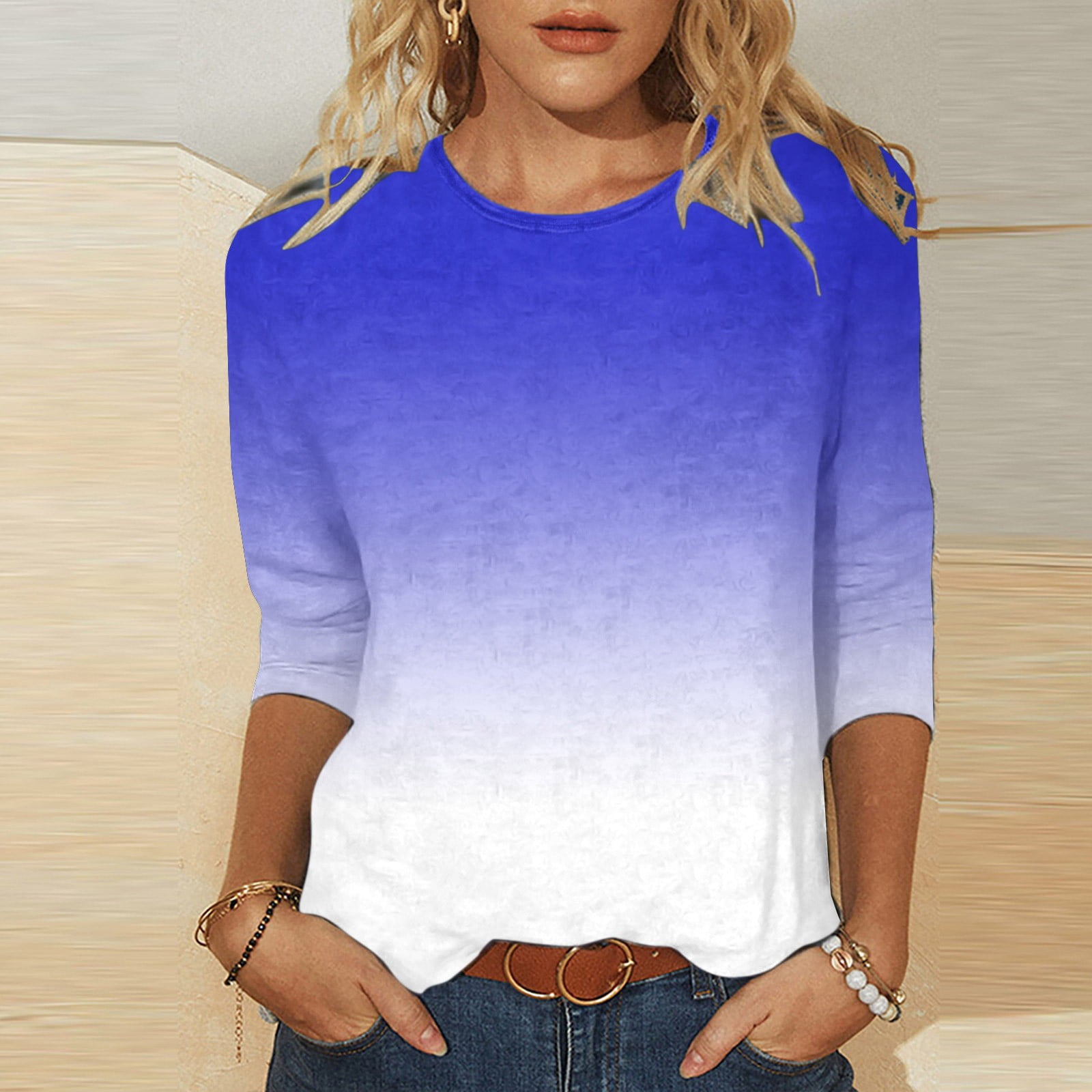 Axxd Womens Blouses O Neck Printed Loose Gradient Colours 3 4 Sleeves