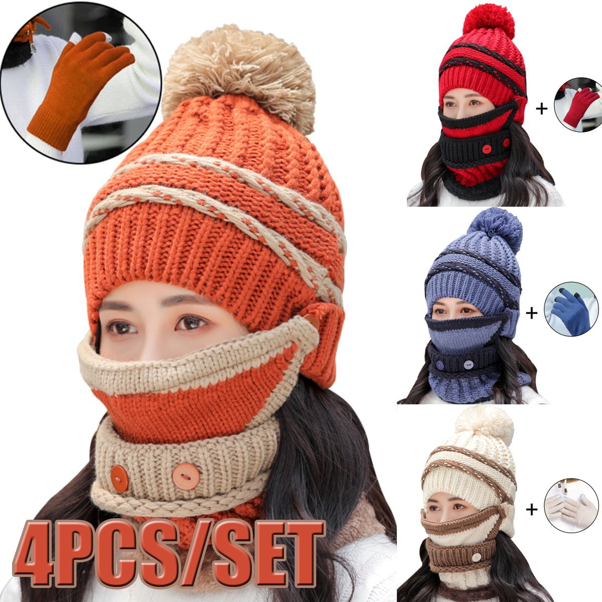 4PCS Womens Winter Warm Knit Beanie Hat Touchscreen Gloves Scarf Mask ...