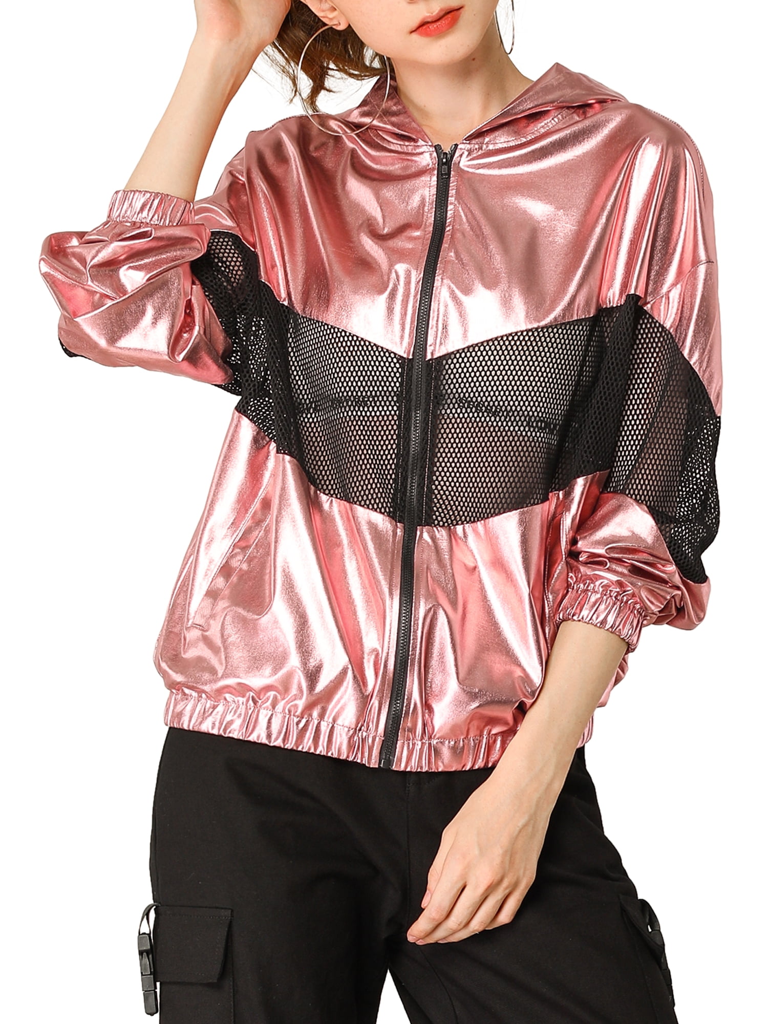 Allegra K Women's Mesh Hollow Out Hooded Metallic Holographic Jacket ...