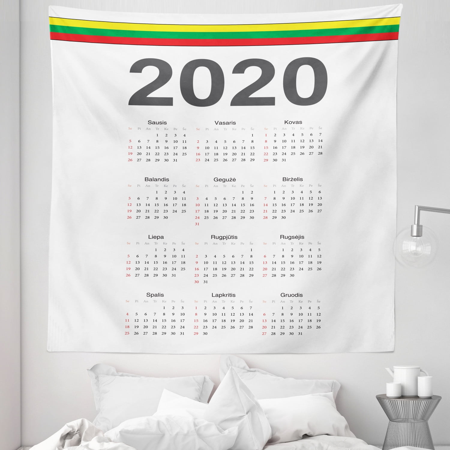 Calendar 2020 Tapestry, Simple Lithuanian Design Under Color Bars Year ...