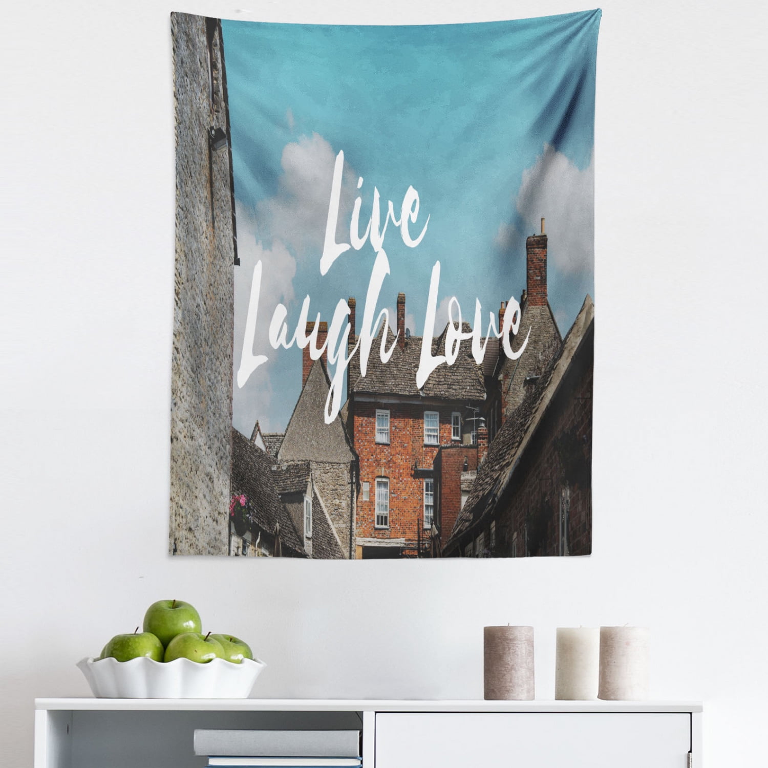 Live Laugh Love Tapestry, Rustic Country Houses with Brick Composition ...