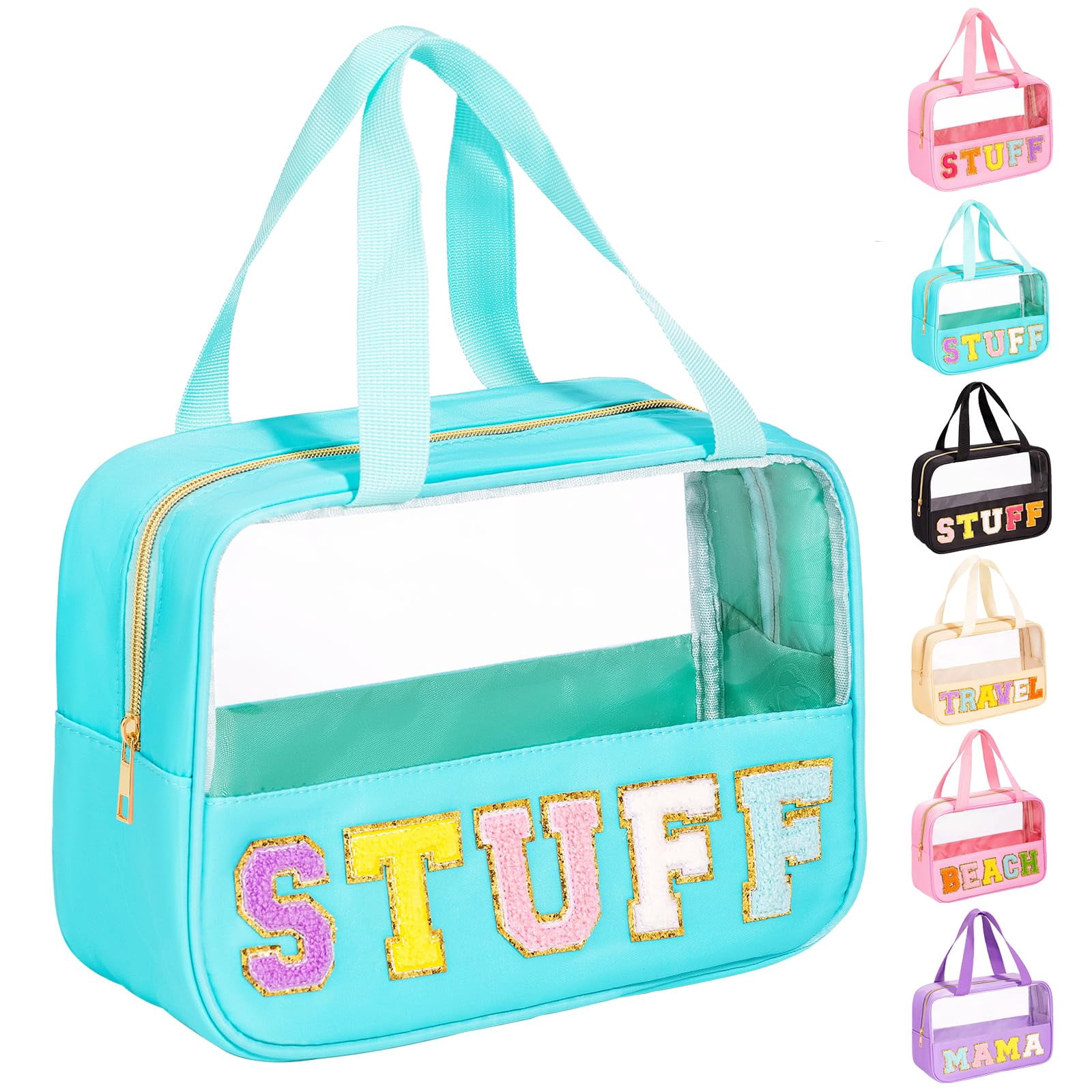 Bolsa de maquillaje Eurovicky Chenille Letter Patch, PVC transparente y ...