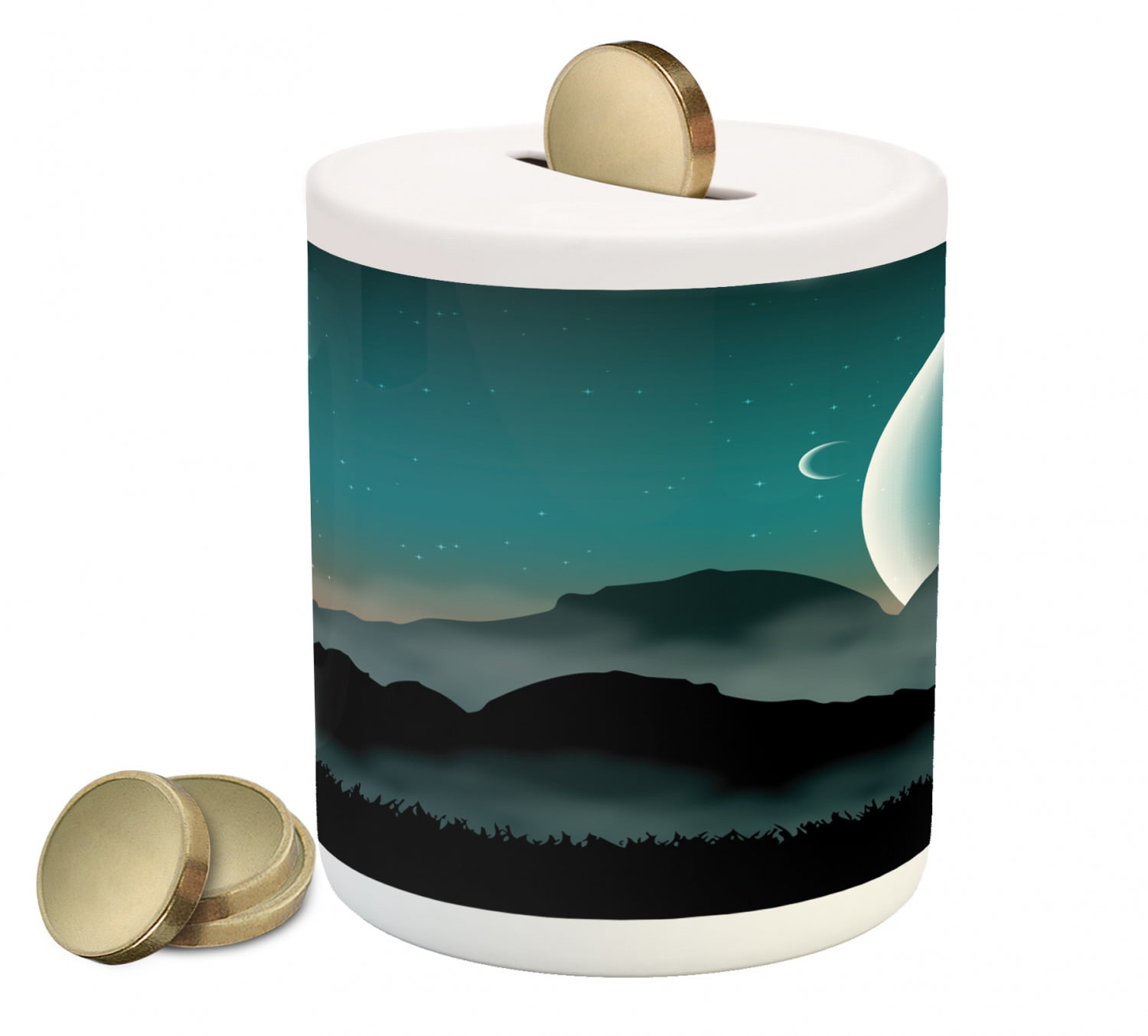 Space Piggy Bank, Night Sky on Mountain Range Forest Crescent Moon Star ...