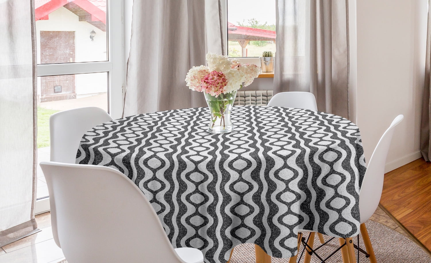 Geometric Round Tablecloth, Pebbles Sprinkle Around Wave Patterns ...