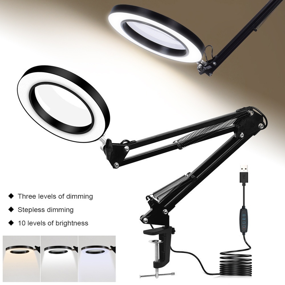 5X USB LED Magnifying Glass Desk Lamp With Clamp Magnifier Lens With 