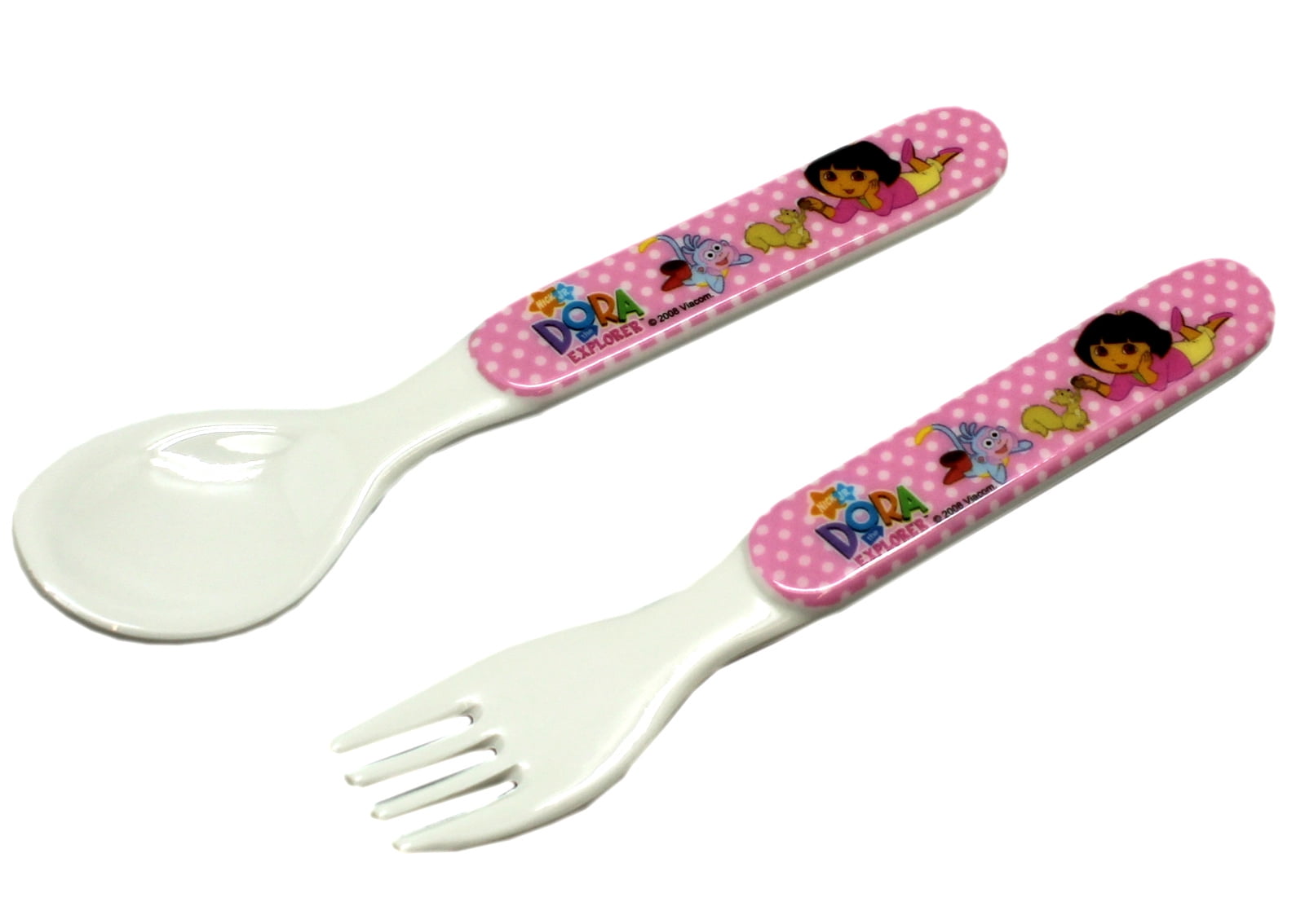 Dora and Boots Pink/White Polka Dotted Handle Melamine Spoon and Fork ...
