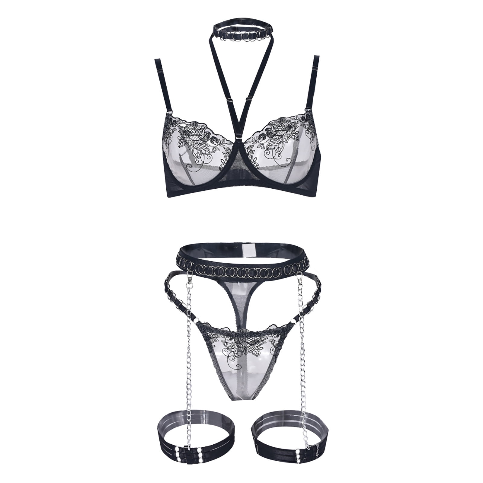 Zmhegw Womens Lace Bralette And Panty Lingerie Set Bodysuit Sleepwear Solid Black M