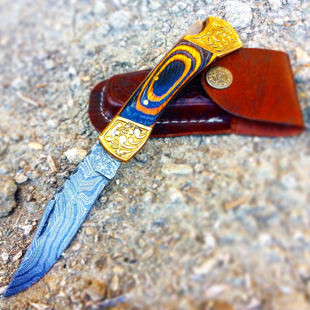 TheBoneEdge 7' Hand Made Damascus Blade Folding Knife Pakkawood Handle ...