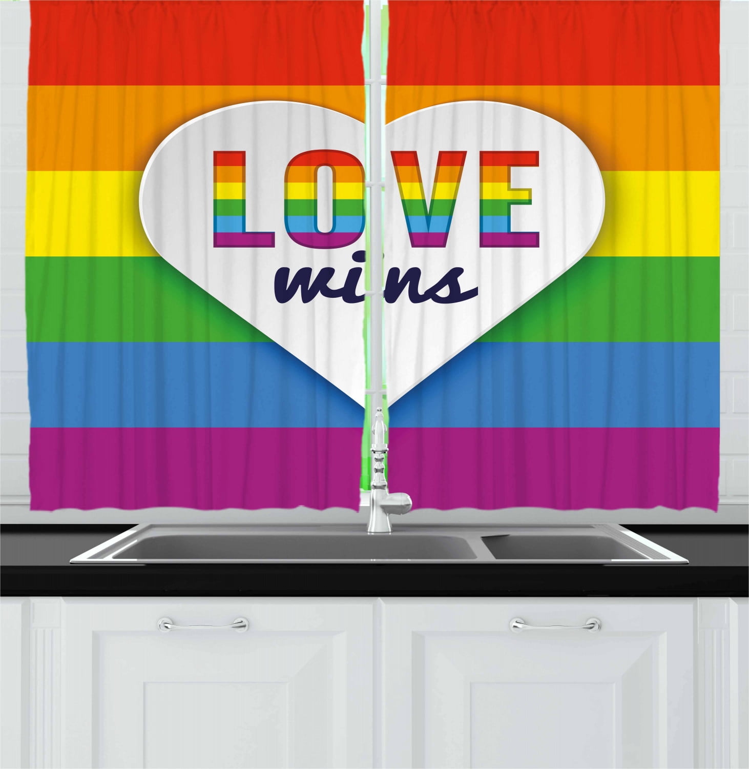 Pride Curtains 2 Panels Set Rainbow Flag With Stripes Heart Symbol