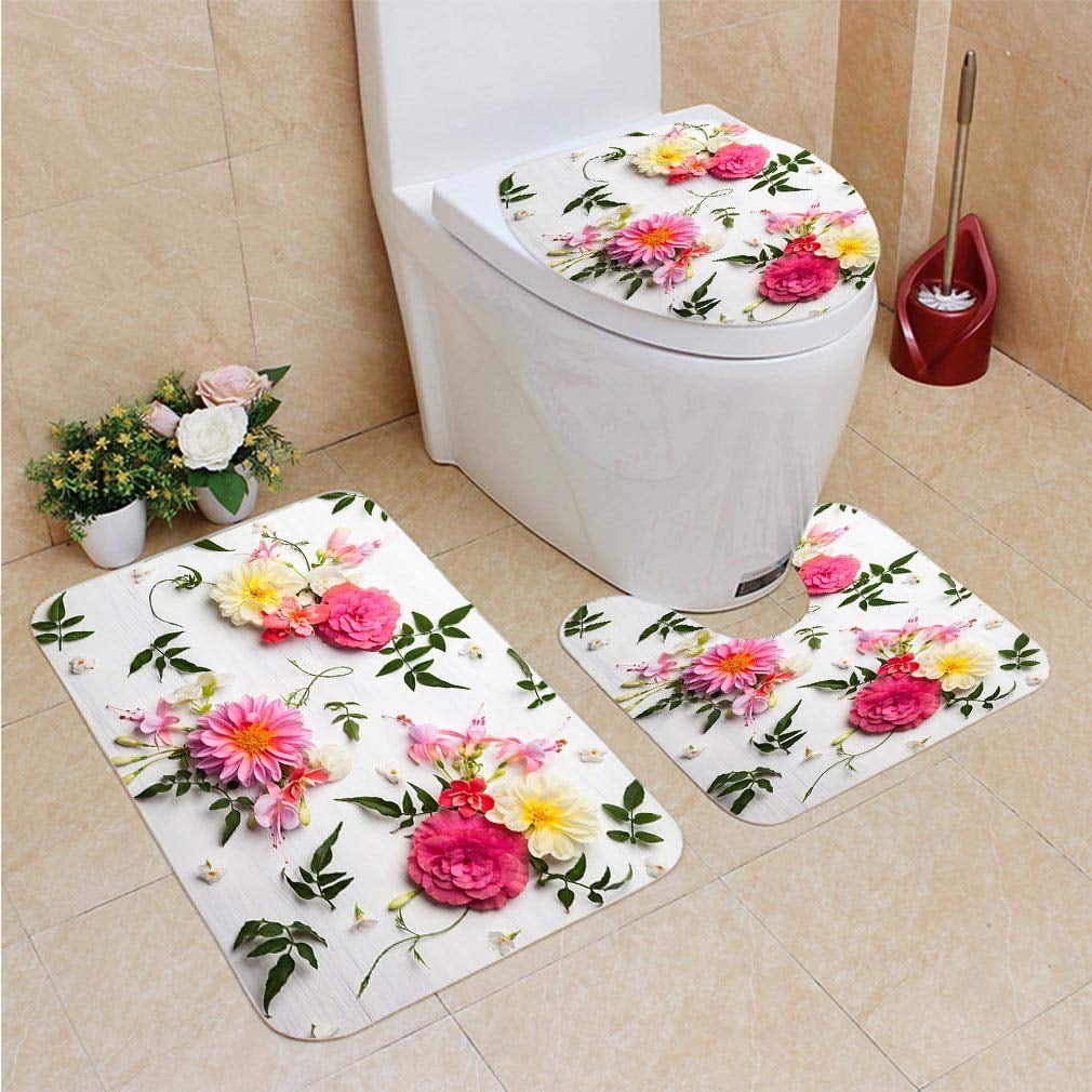 GOHAO Flower Composition 3 Piece Bathroom Rugs Set Bath Rug Contour Mat ...