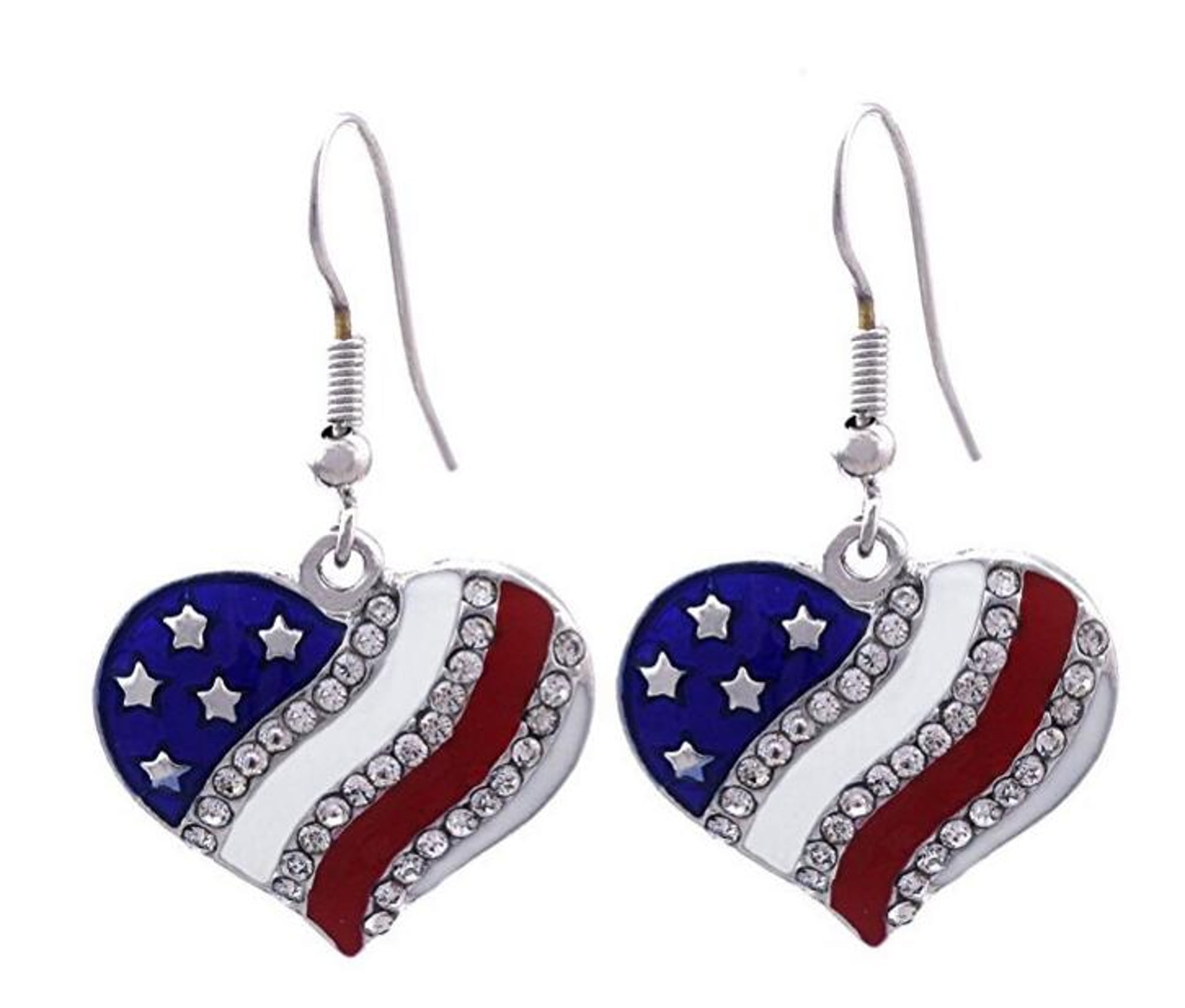 American Flag Earrings Tarnish Resistant Crystal U.S.A. Patriotic Heart ...