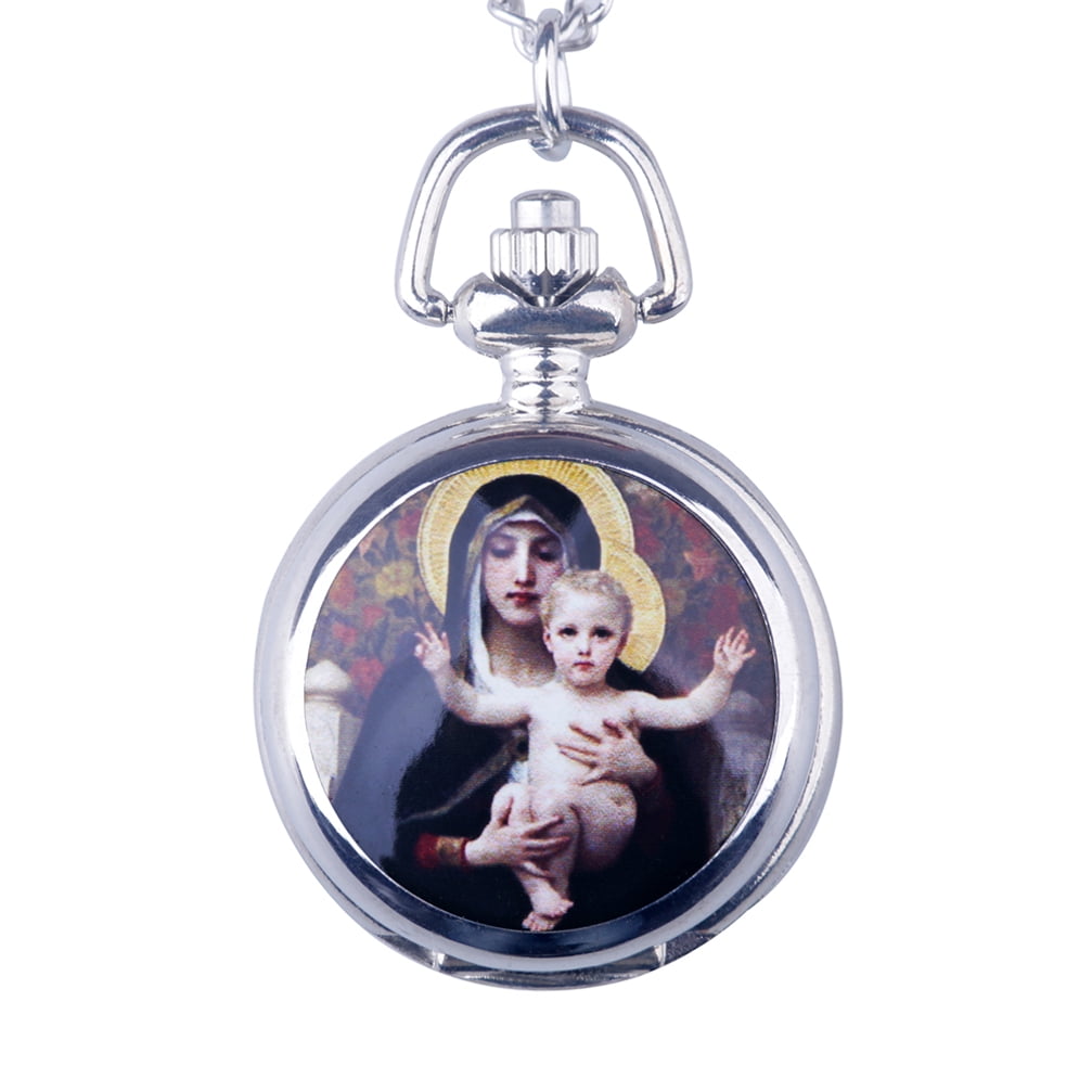 Mother Mary Baby Jesus Pocket Watch Anti-Tarnish Silver Color Religious ...
