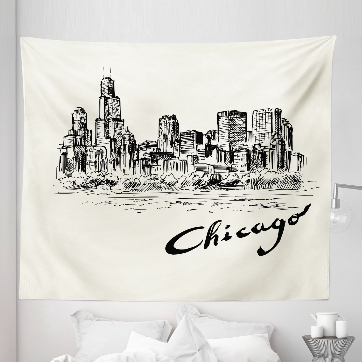 Chicago Skyline Tapestry, Vintage Art of American City in Hand Drawn ...