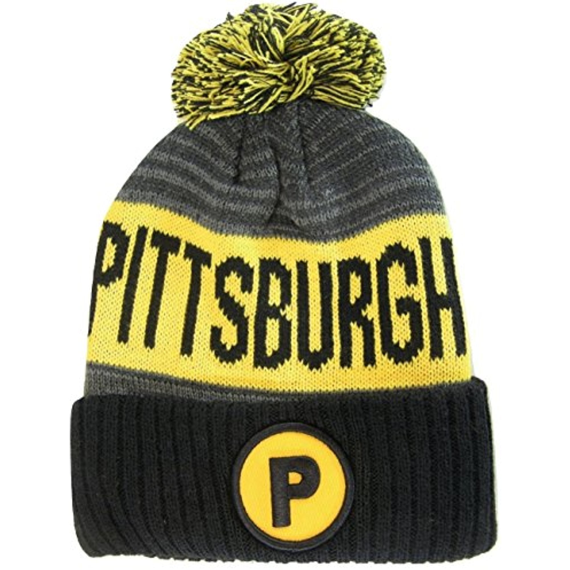 Pittsburgh P Patch Ribbed Cuff Knit Winter Hat Pom Beanie (Black/Gold ...