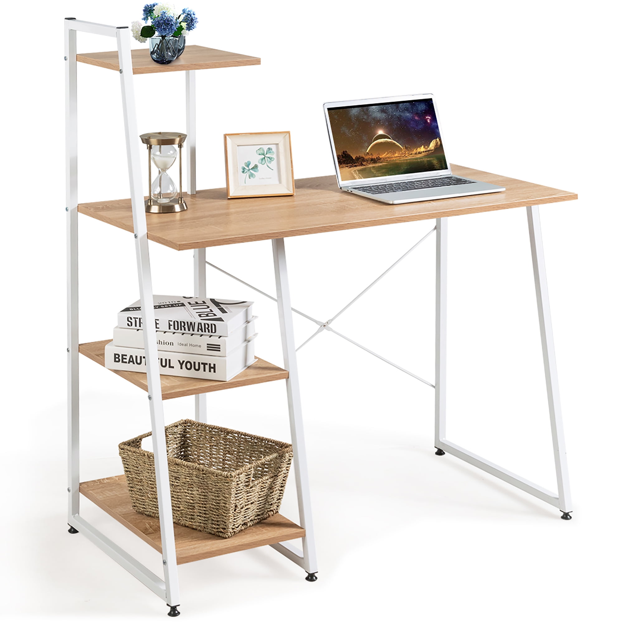 Costway Computer Desk with Shelves Workstation with Bookshelf Natural ...