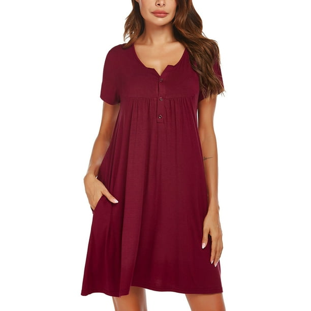 Innerwin Nightgown Henley Neck Ladies Sleep Dress Nightshirt Short ...