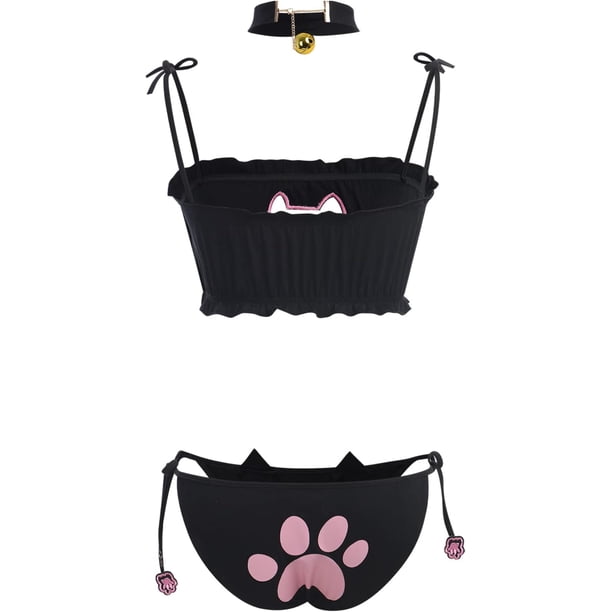 ens Cute Kawaii Anime Cat Kitten Lingerie Set Micro Bikini Strappy Tiny ...