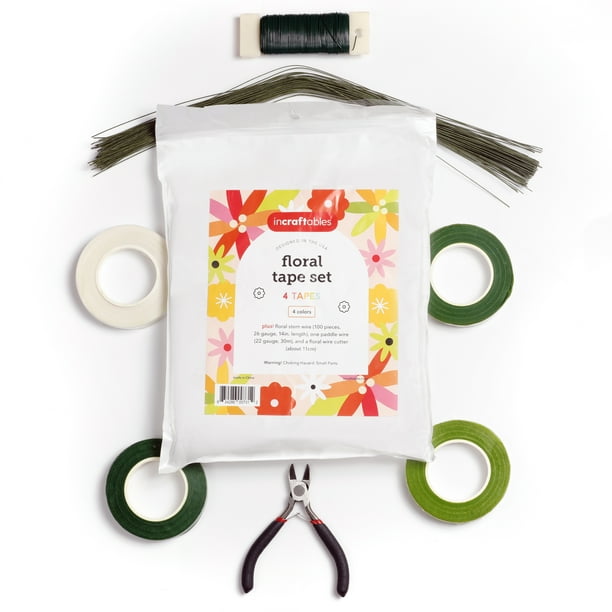 Incraftables White & Green Color Floral Tape (4pcs), Stem Wire (100pcs ...