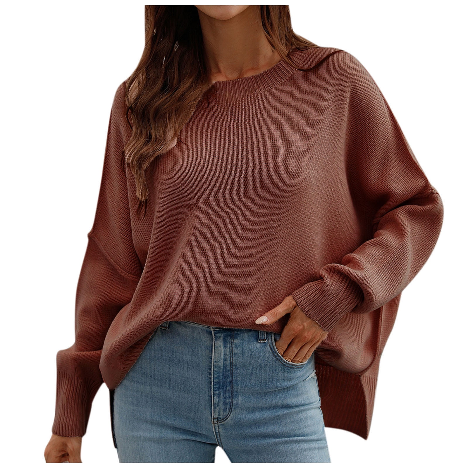 Trendy Solid Oversized Sweaters for Women Baggy Long Sleeve Slit ...