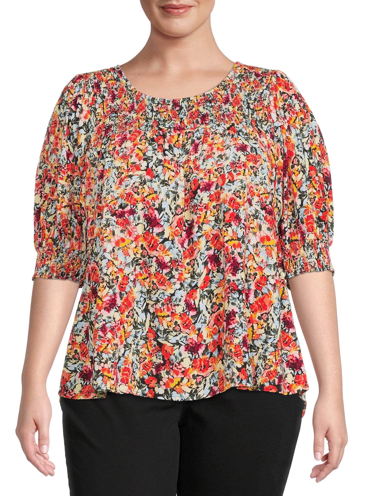 Terra & Sky Women's Plus Size Print Smocked Top - Walmart.com