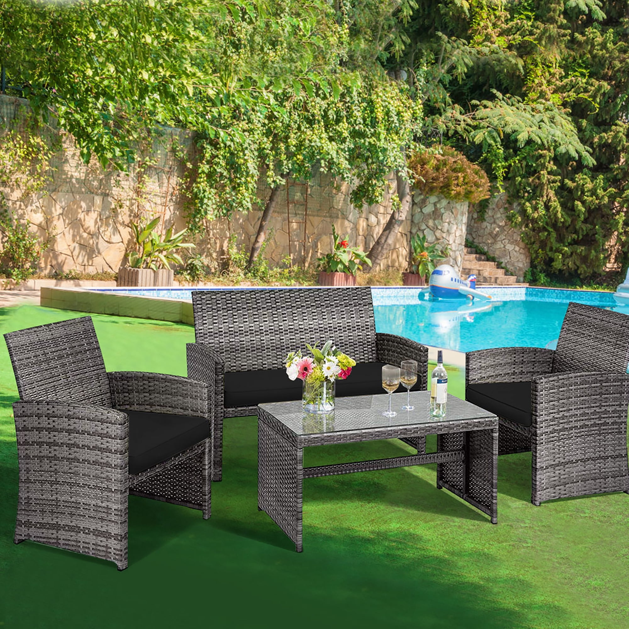 Costway 4pcs Patio Rattan Furniture Set Conversation Glass Table Top Sofa Cushioned