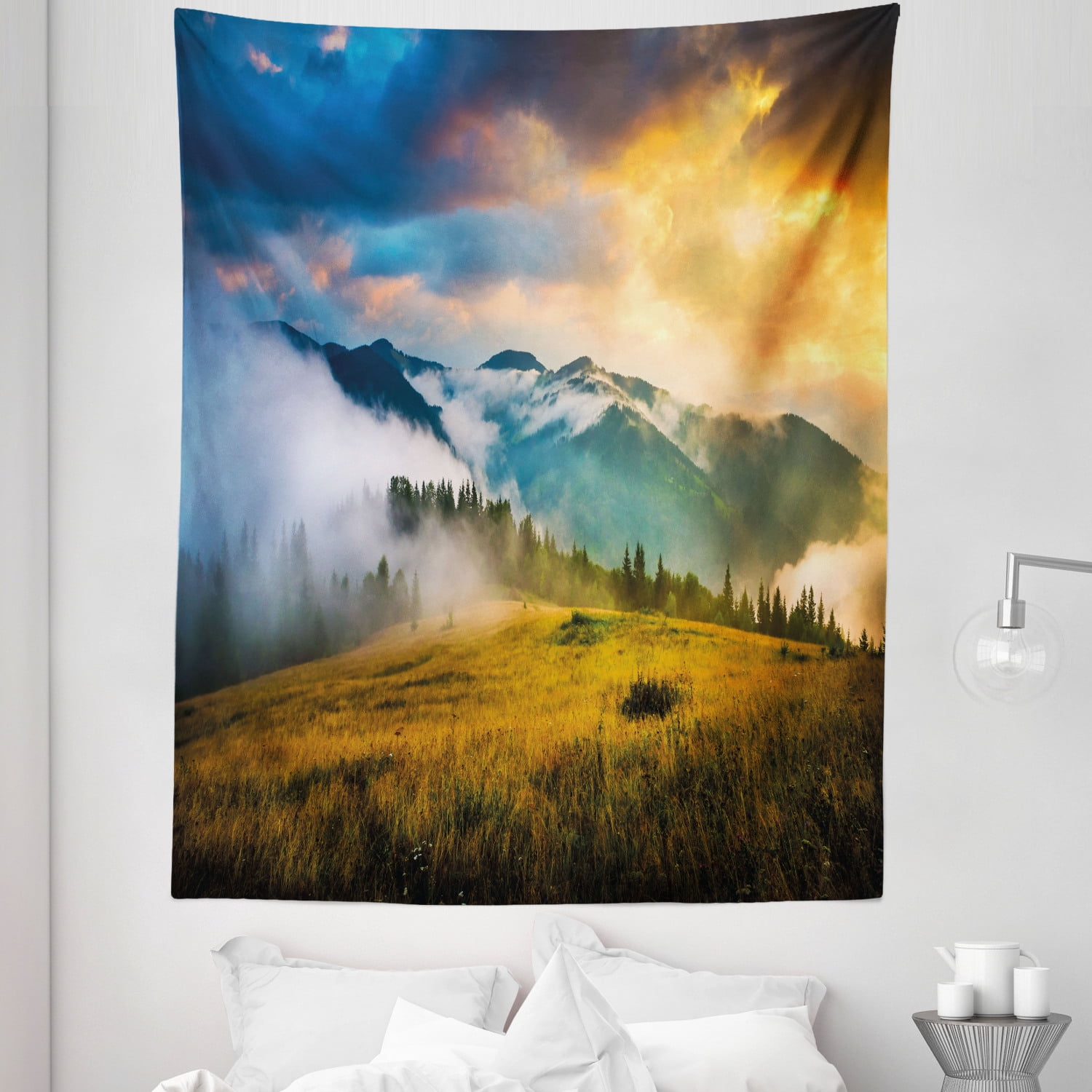 Landscape Tapestry, Rural Scenery Sunrise Misty Mountains Clouds Trees ...