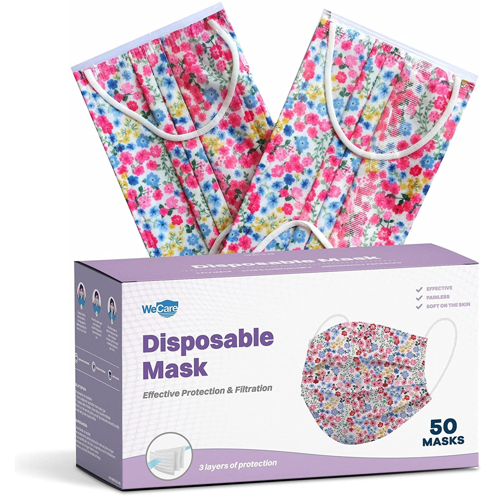 Disposable Face Masks 3-Ply Individually Wrapped , 50ct - Floral ...