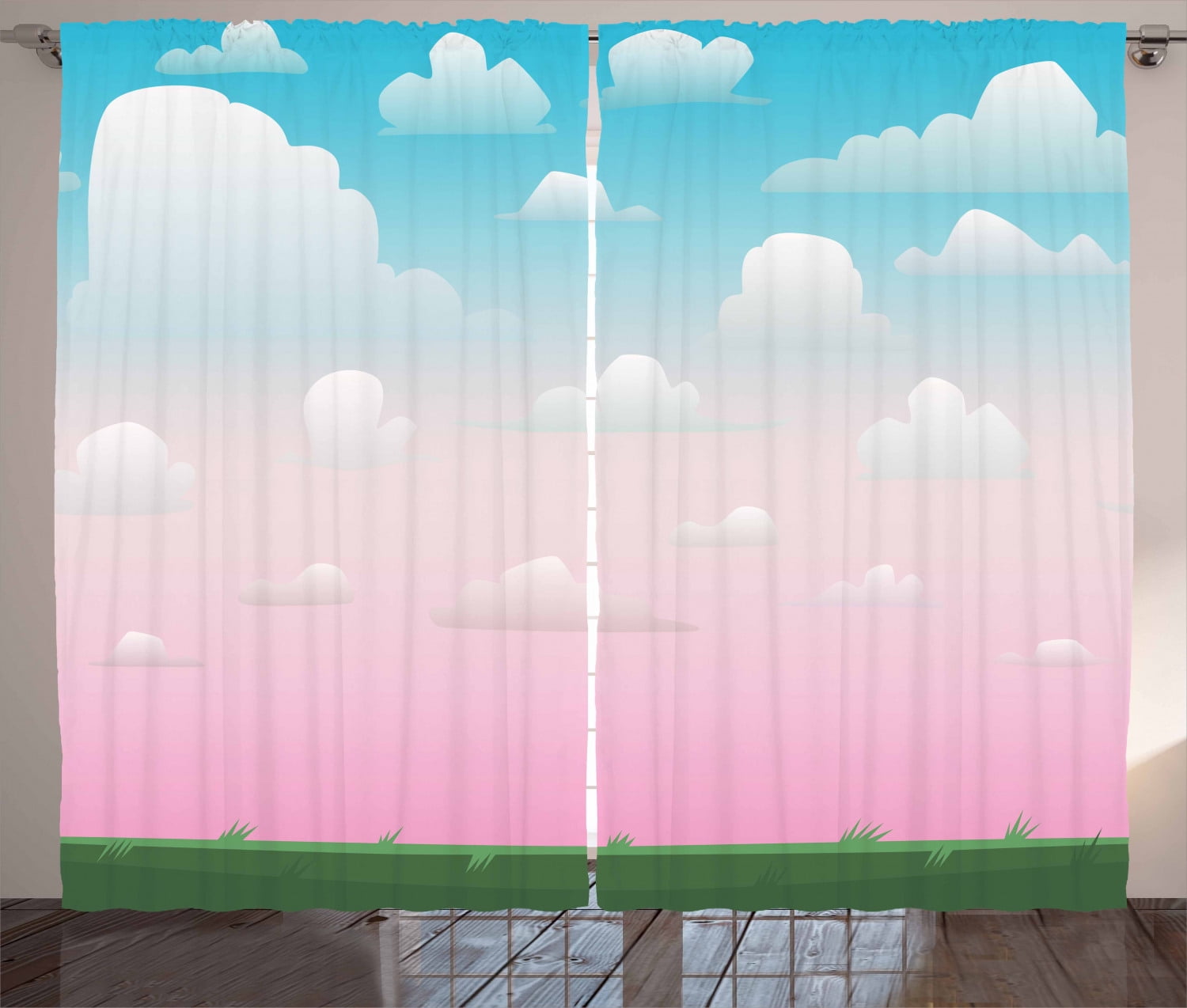 Cloud Curtains 2 Panels Set, Cartoon Nature Horizontal Landscape with ...