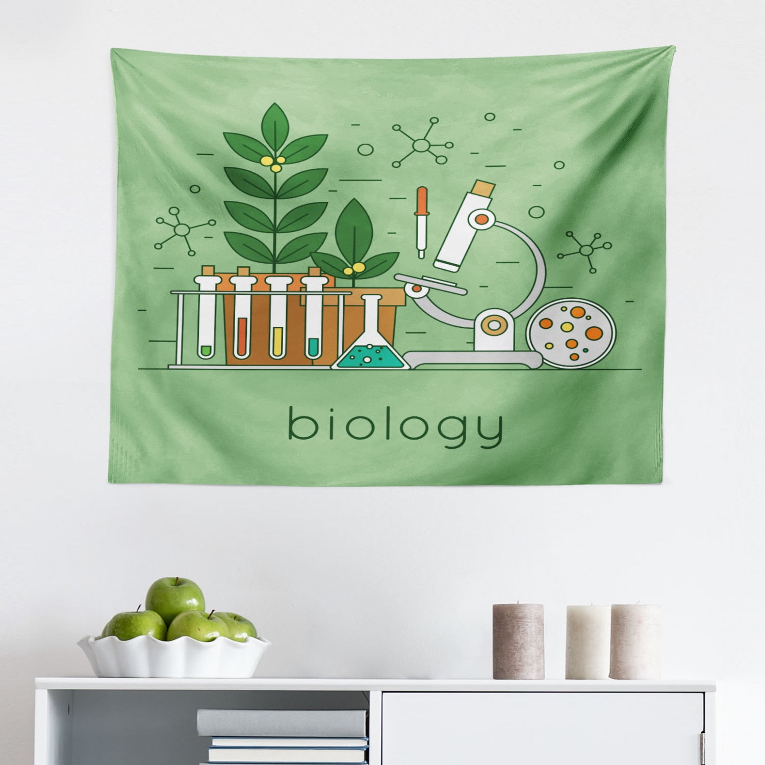 Lab Tapestry, Scientist Chemist with Test Tubes Flask and Microscope on ...