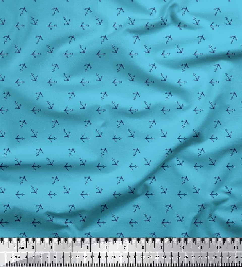 Soimoi Blue Poly Georgette Fabric Anchor Hook Nautical Print Fabric by ...