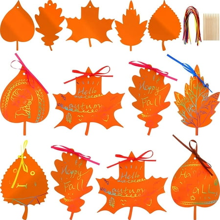 50 Pieces Scratch Fall Leaves Colorful Scratch Leaves Scratch Rainbow ...
