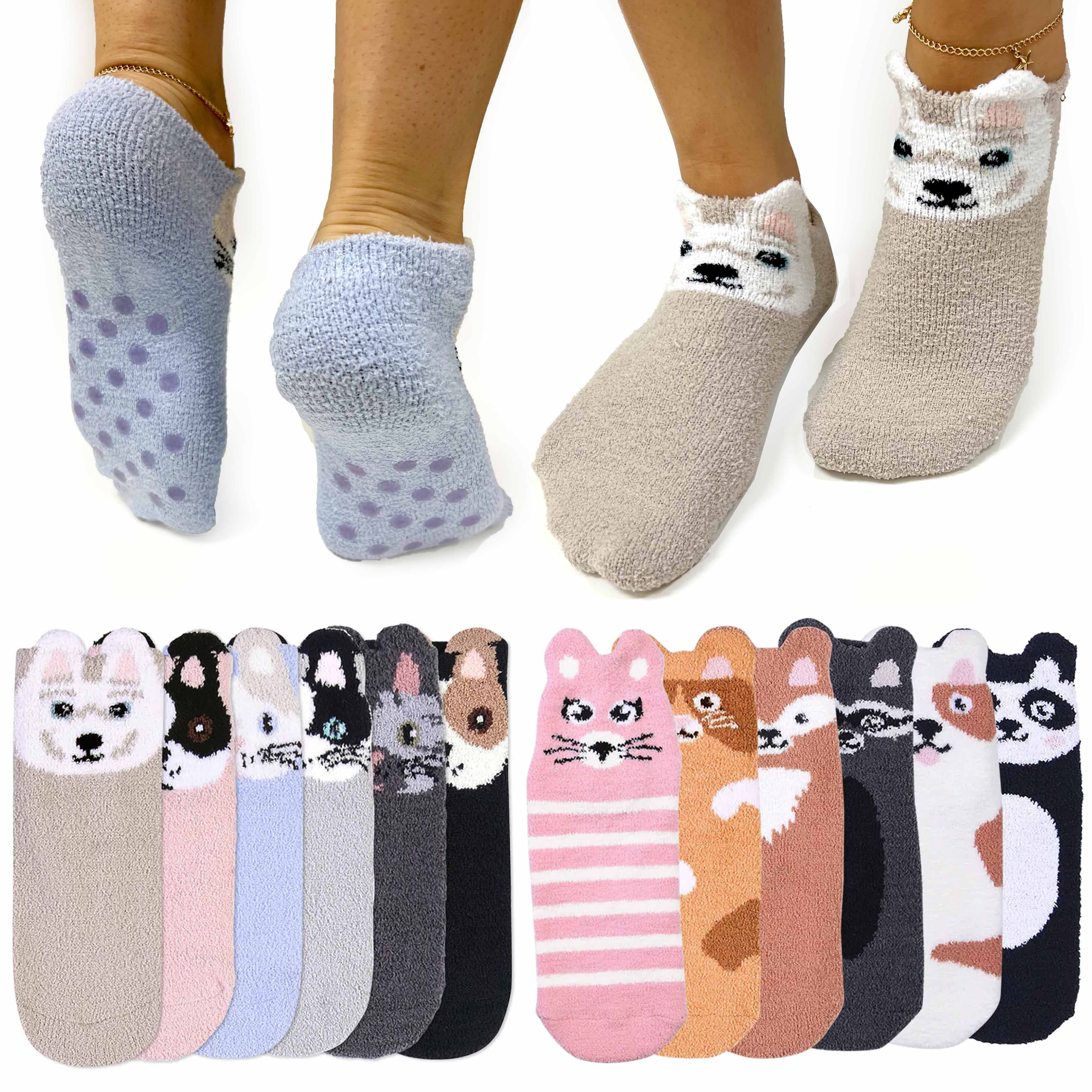 4 Pairs Girl's Ladies Cute Ankle Socks Cozy Fuzzy Animal Slipper Non ...