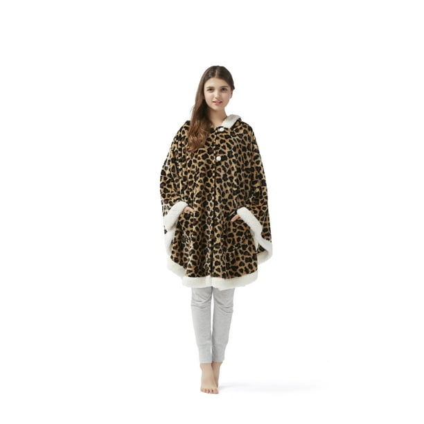 Comfort Spaces Leopard Soft Warm Sherpa Wearable Angel Plush Hooded ...