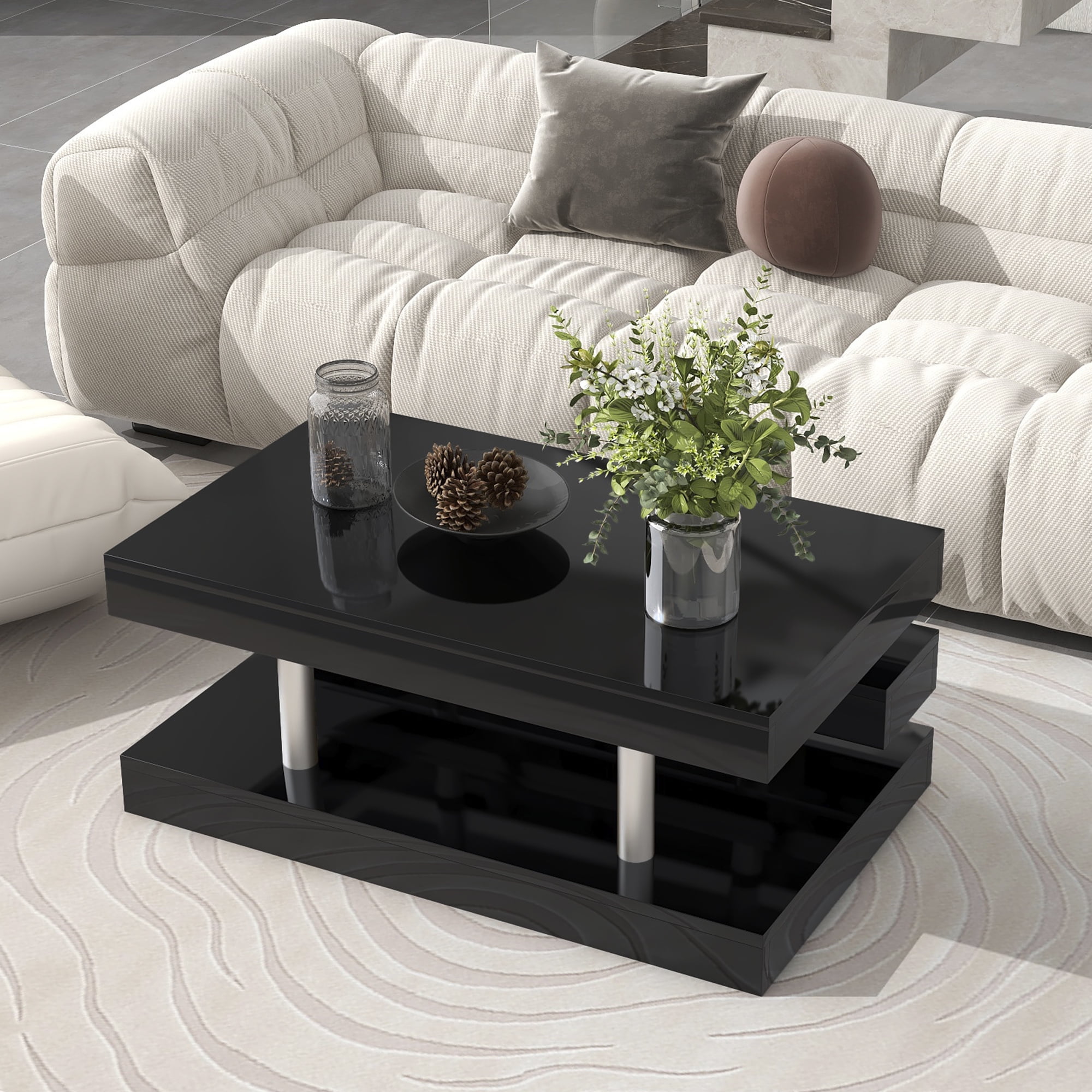 CoSoTower Modern 2-Tier Coffee Table with Silver Metal Legs, Rectangle ...
