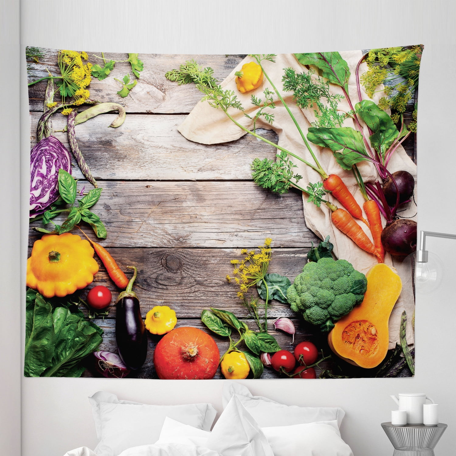 Food Tapestry, Vegetables on Grunge Looking Wooden Planks Backdrop Cook ...
