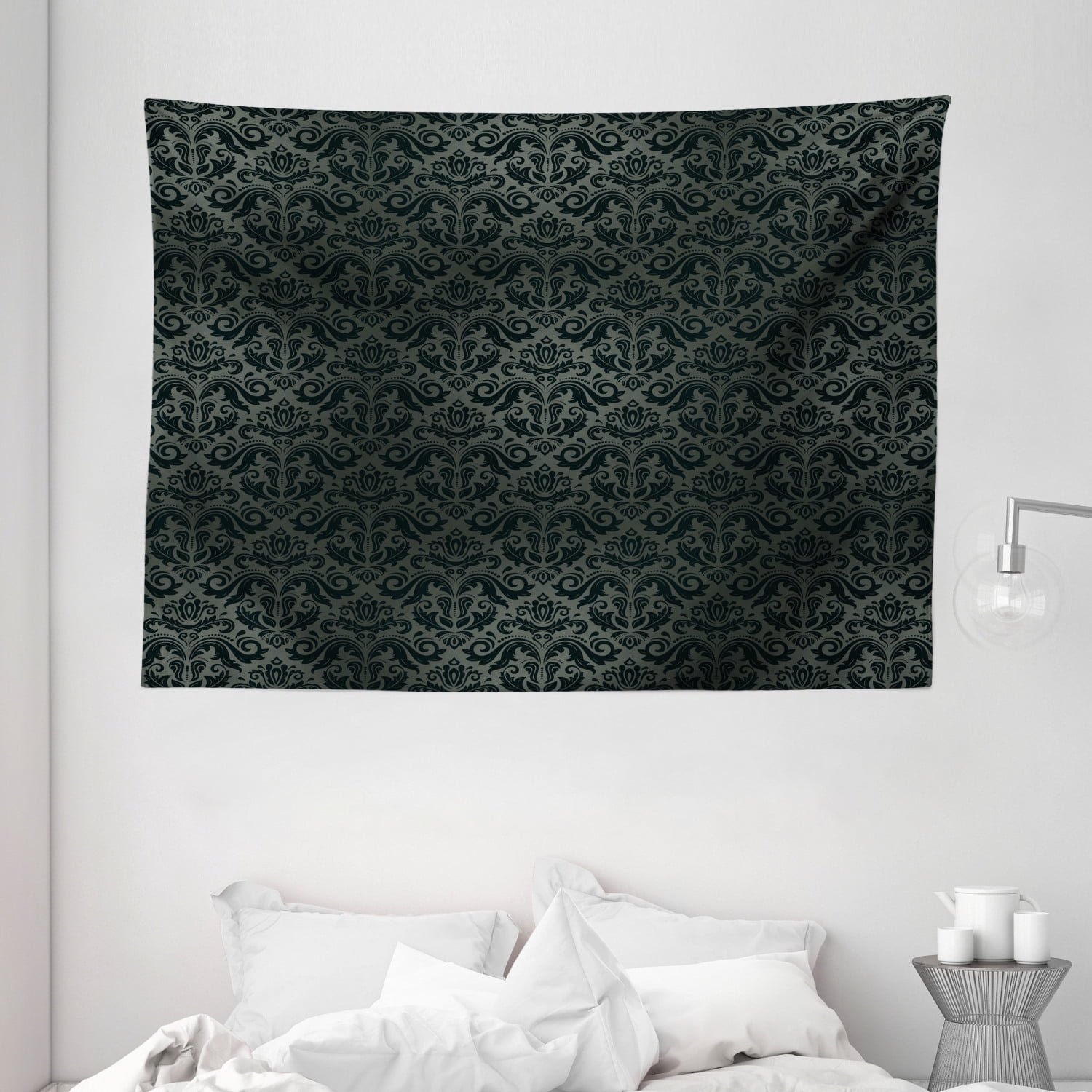 Dark Grey Tapestry, Black Damask Arabesque and Floral Elements Oriental ...