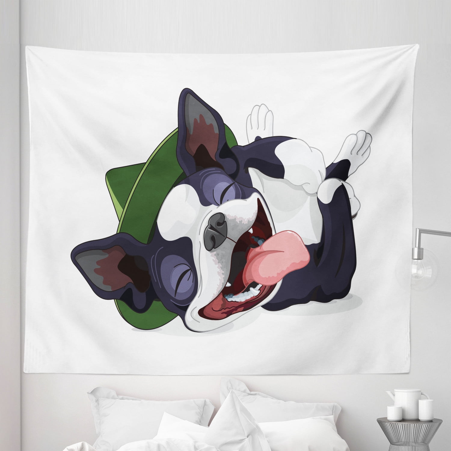 Boston Terrier Tapestry, Cheerful Happy Terrier Breed with Green Hat ...