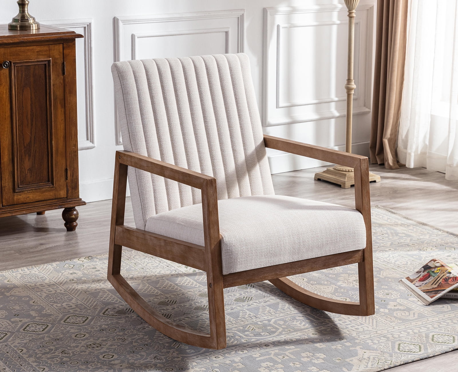 Guyou Modern Rocking Chair, Mid Century Linen Upholstered Farmhouse Wood Frame Armchair for ...