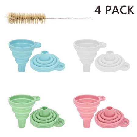 Collapsible Funnel Set of 4 with Bottle Brush,Small Flexible Silicone Foldable Kitchen Funnel ...