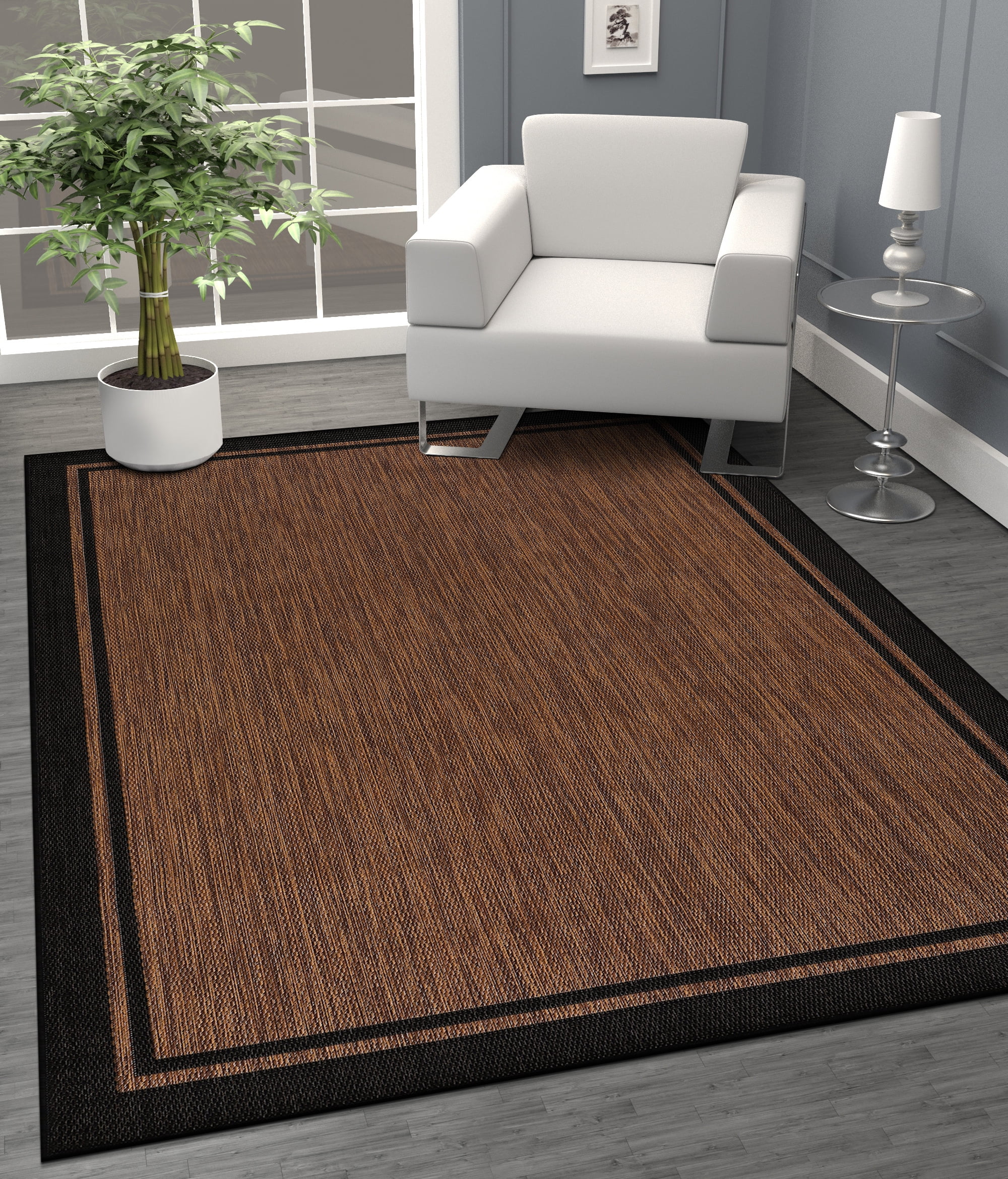 CAMILSON Summer Bordered, Washable Outdoor Indoor Area Rug, Nut Brown ...