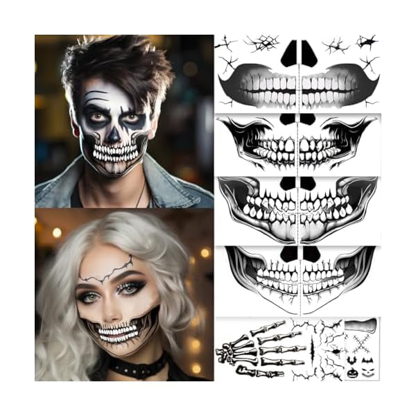 wonima02 Skeleton Face Tattoo - Halloween Temporary Skull Tattoos ...