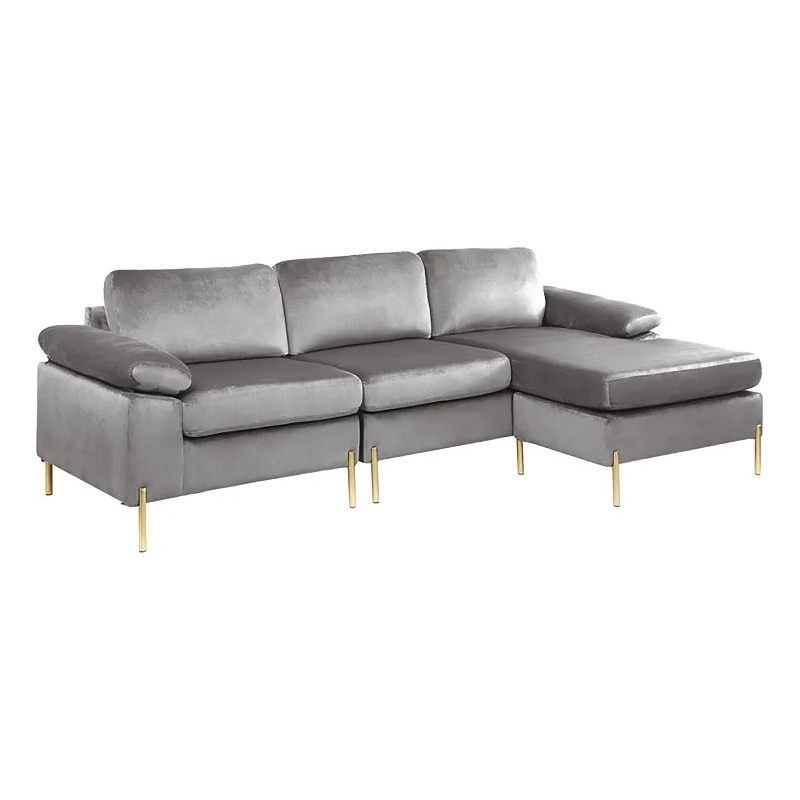 Maklaine Modern Velvet Cushioned Arms Sectional Sofa in Gray/Gold ...